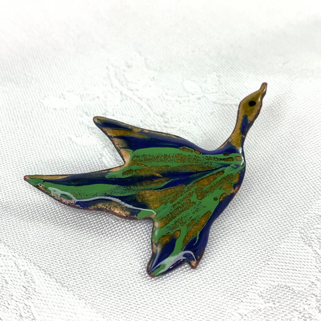 Vintage Brooch Flying Duck Goose Bird Green Blue Enamel on Copper - Etsy