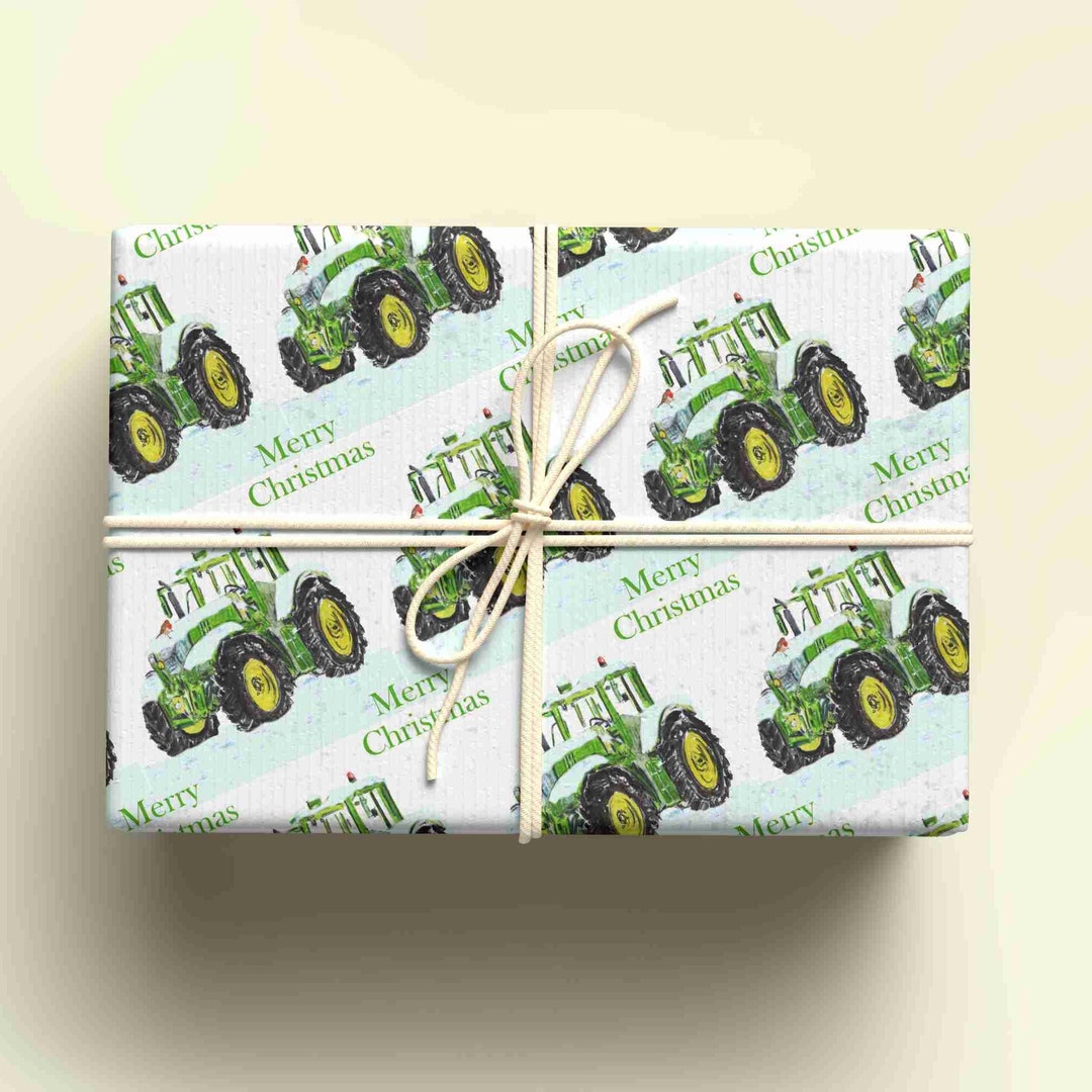 Christmas Green & Yellow Tractor Wrapping Paper - Custom Name Gift Wrap ...