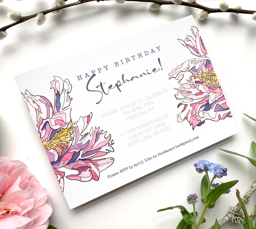 Peony Birthday Party Invitation Template - Etsy