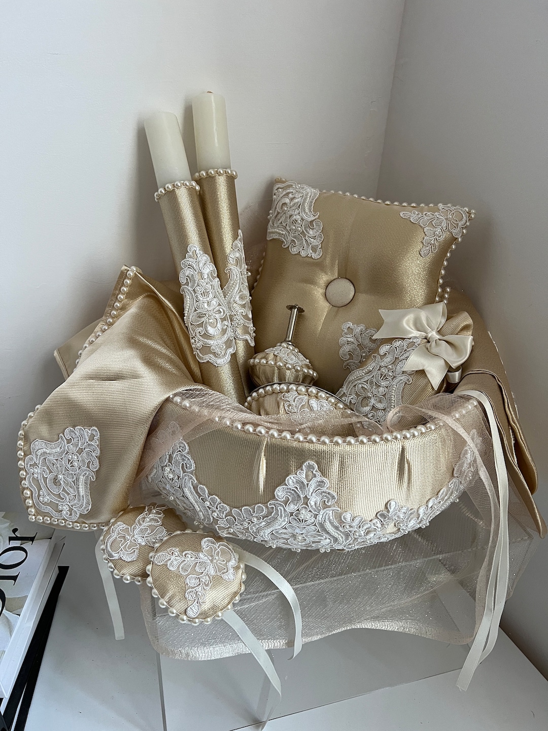 Henna Basket, Beige Satin Henna Box, White Lace, Wedding Henna Basket ...