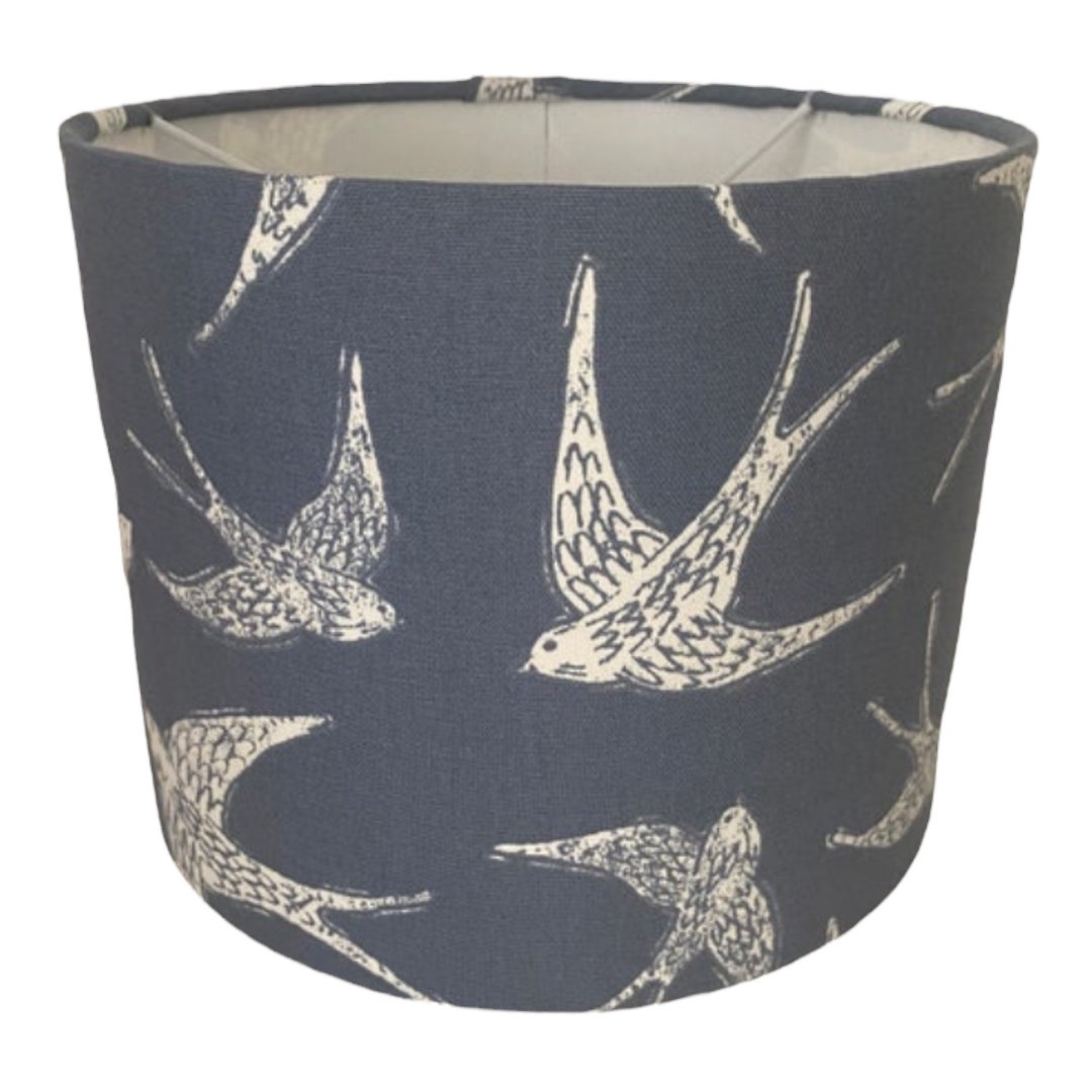 Blue Lampshade Made in Flyaway Navy Fabric / Bird Birds Swallow ...