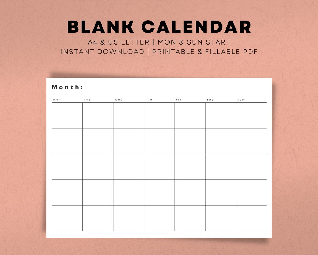 Blank Calendar PDF Template Printable, Digitally Editable, A4, US ...