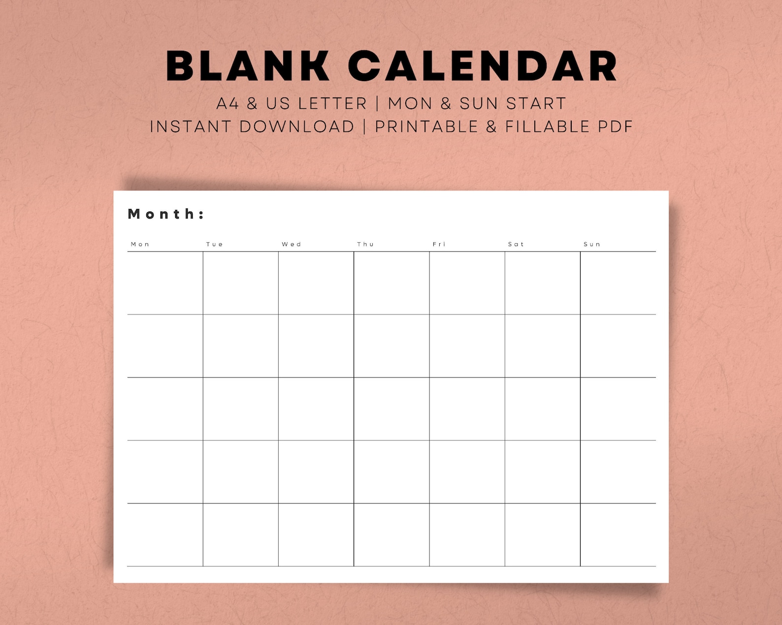 Blank Calendar PDF Template Printable, Digitally Editable, A4, US ...
