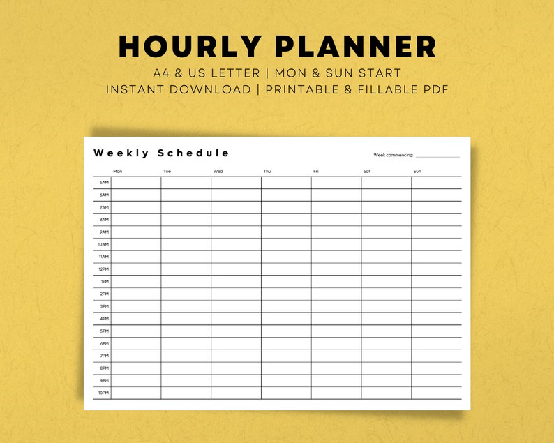 Hourly Planner PDF Template Hourly, Schedule, Planner, One Page ...