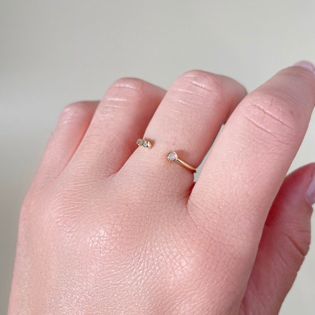 14k Gold Diamond Opal Open Cuff Ring, Stackable Rings - Etsy