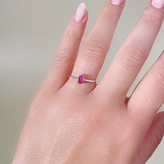 14k Gold Diamond Pink Sapphire Baguette Solitaire Ring Wedding Ring Engagement Ring Etsy