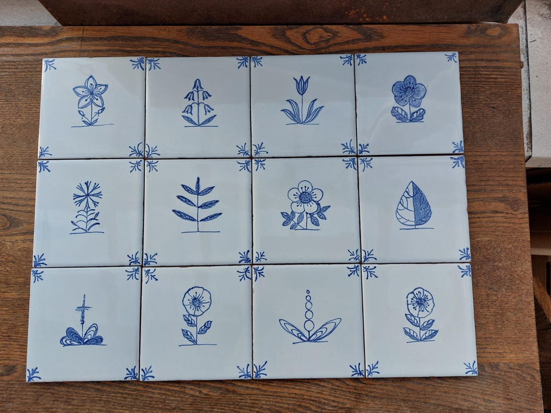 Hand Painted Ceramic Tile Sample: Delft Style Backsplash, Wild Flowers ...