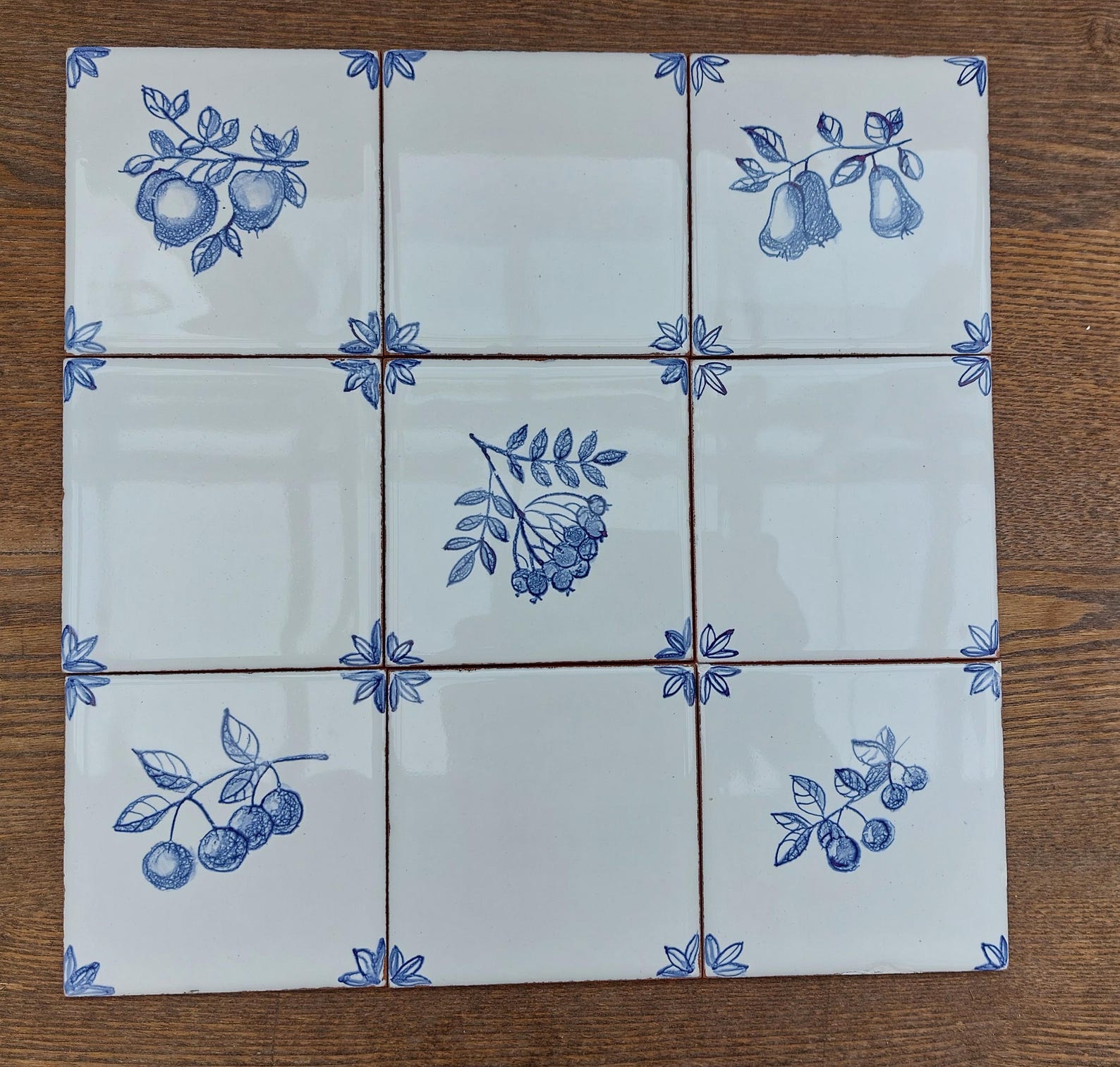 9 Hand Painted Delft Style Ceramic Tiles: Blue Orchard. Fruit and ...