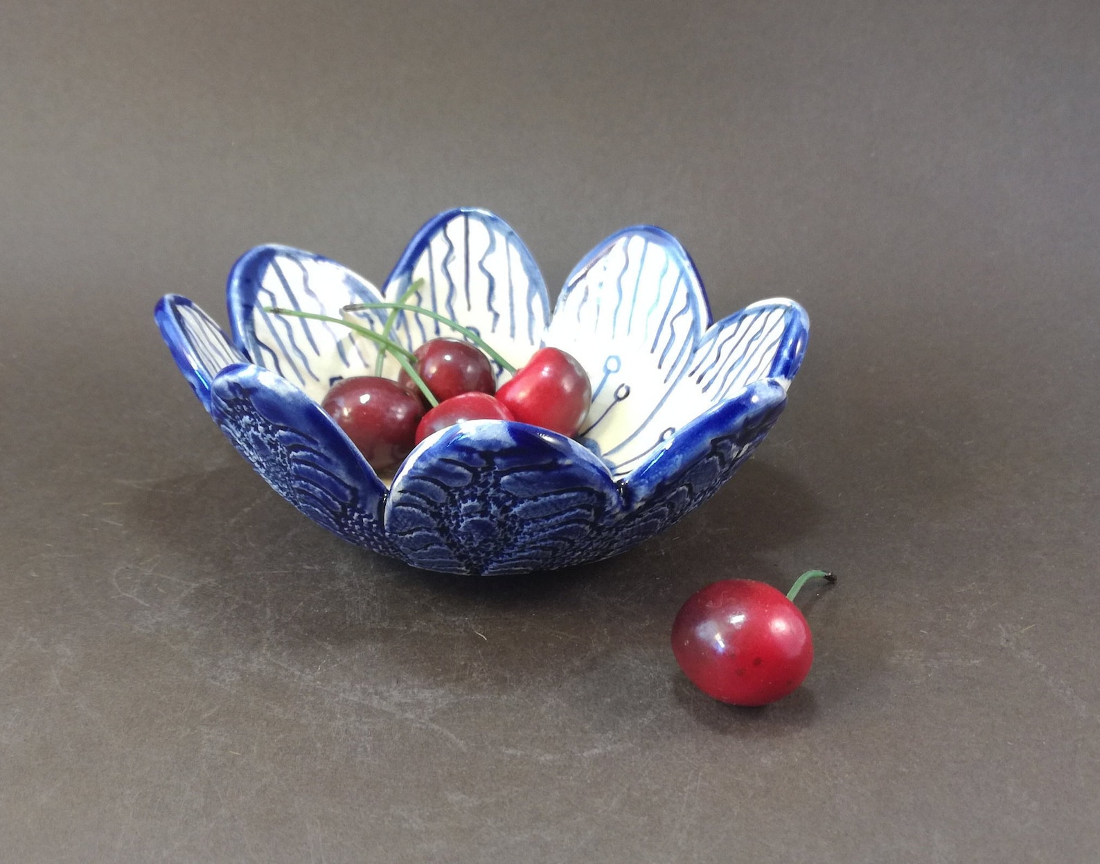 Handmade Blue Flower Pottery Bowl: Delft Style Ceramic Dish - Etsy