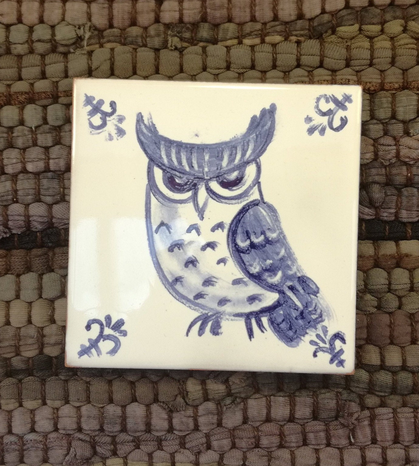 Delft Blue Hand Painted Ceramic Tile Coaster Grumpy Owl. Tile Coaster ...