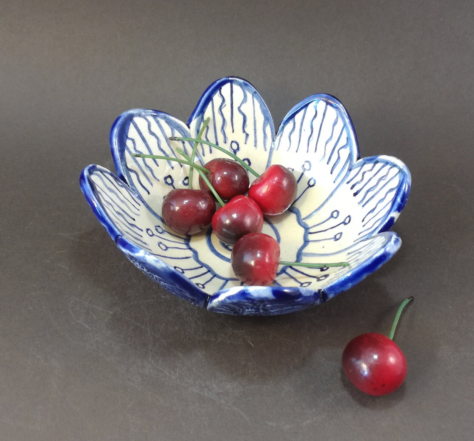 Handmade Blue Flower Pottery Bowl: Delft Style Ceramic Dish - Etsy