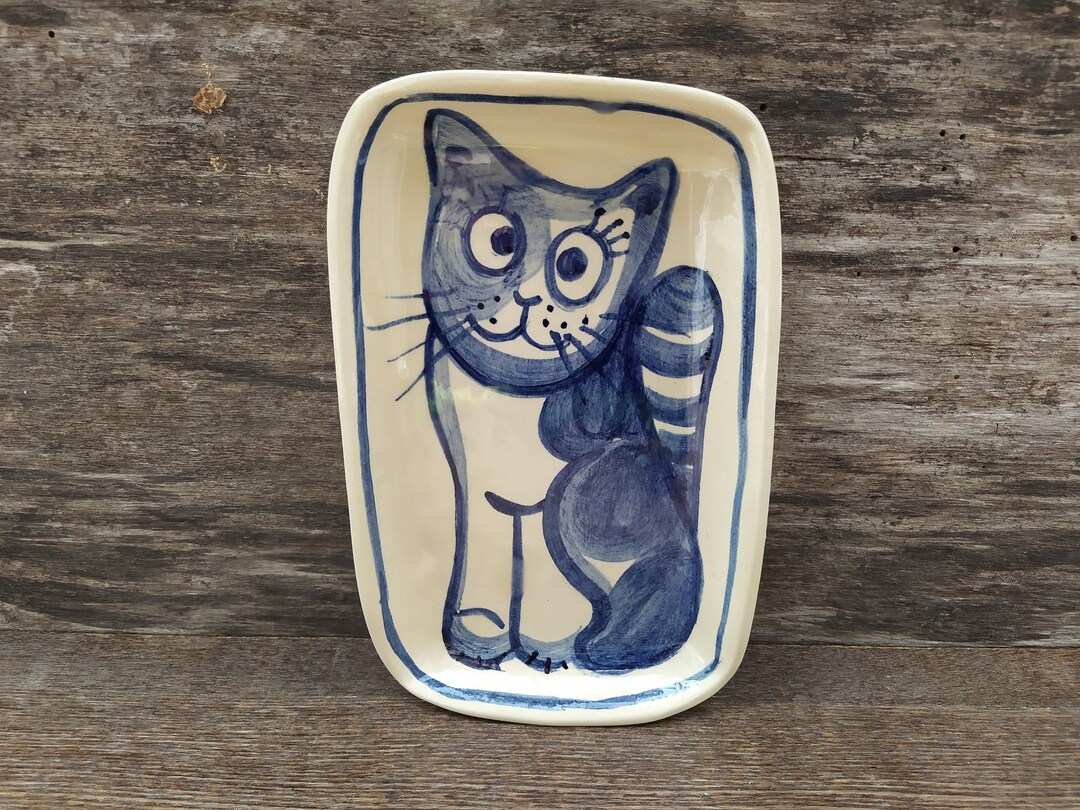 Handmade Pottery Serving Plate With Blue Cat Painting, Square Shape ...