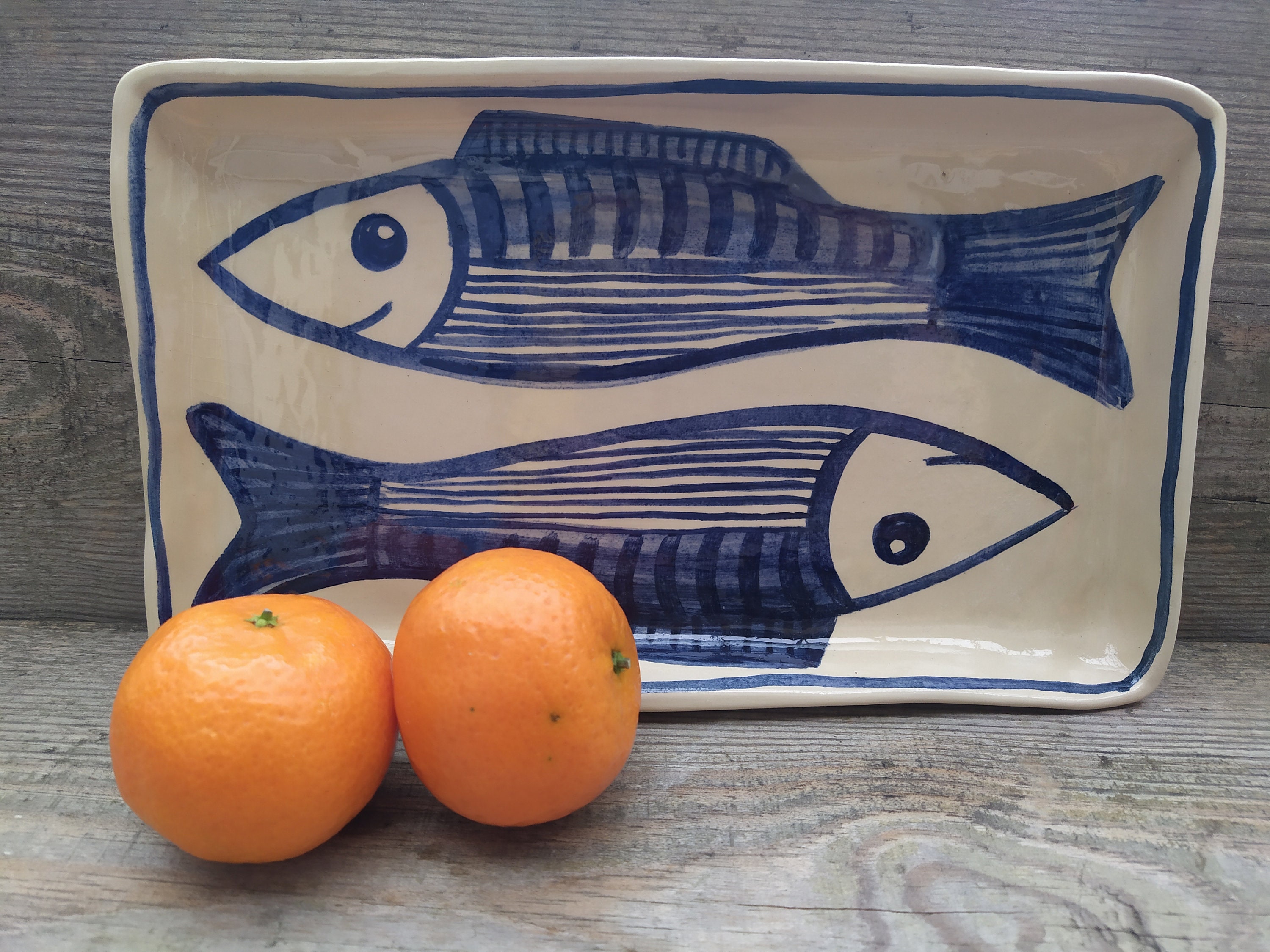 Square Hand Painted Ceramic Blue Twin Fish Serving Plate. Handmade ...