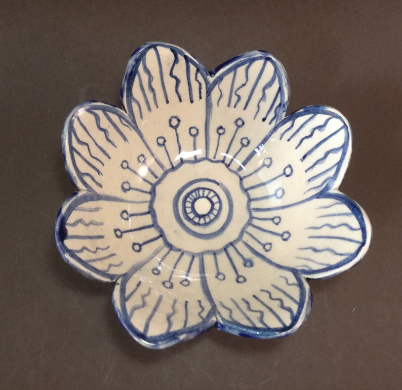 Handmade Blue Flower Pottery Bowl: Delft Style Ceramic Dish - Etsy