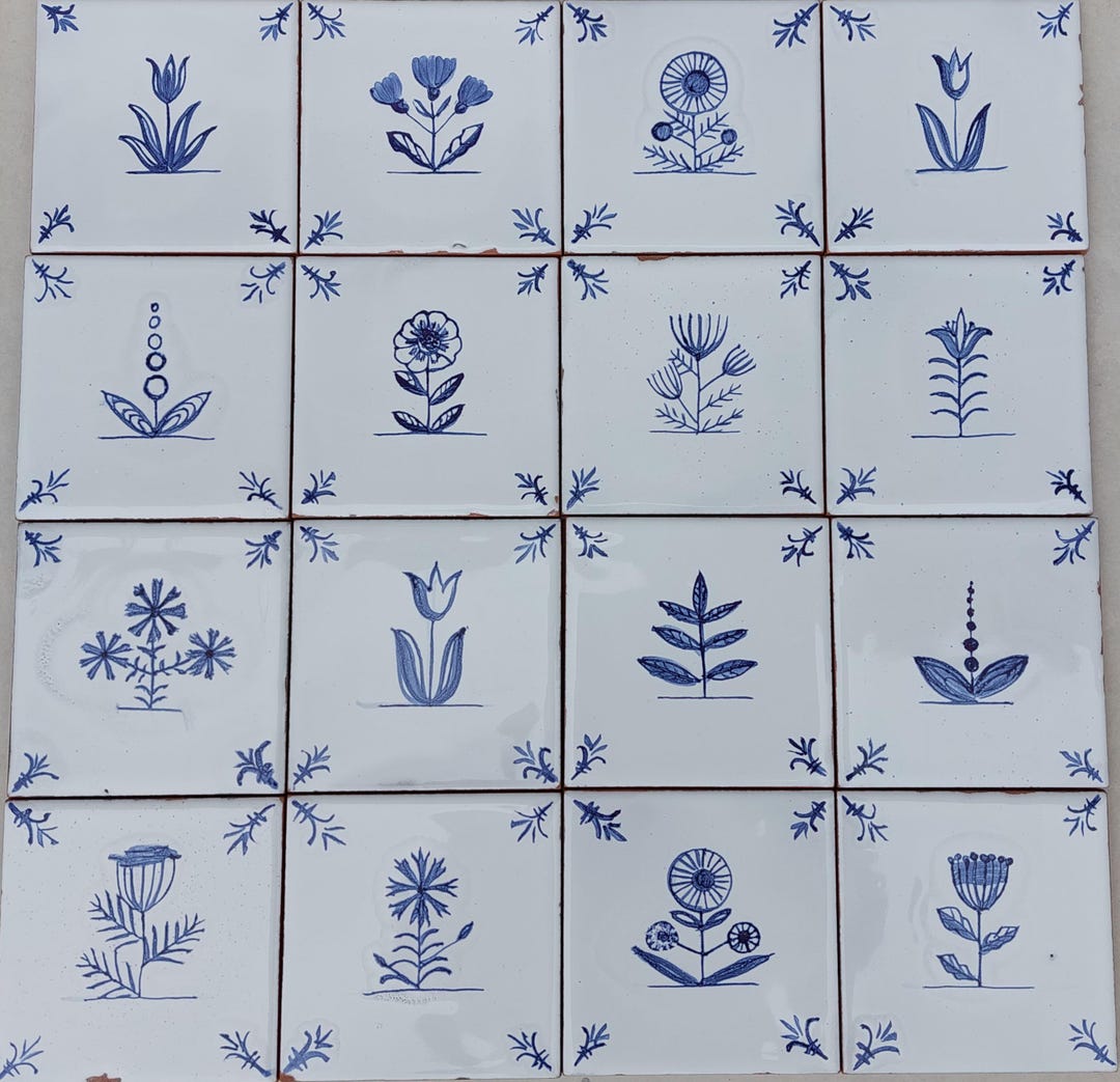 Hand-painted Delft Style Ceramic Flower Tiles: 4x4 Backsplash Coasters ...