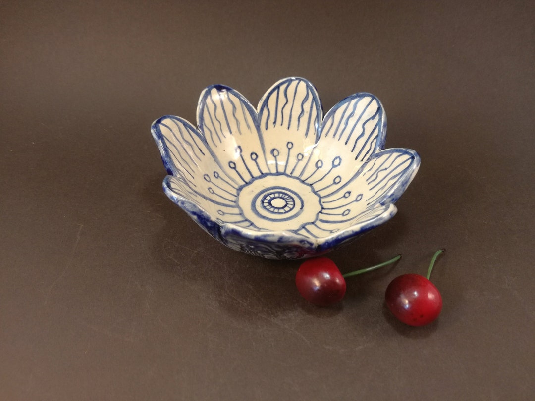 Handmade Blue Flower Pottery Bowl: Delft Style Ceramic Dish - Etsy
