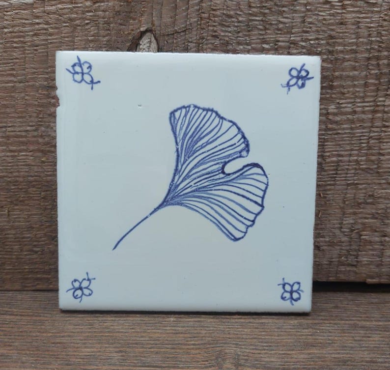 Hand Painted Dutch Style Backsplash Tile Set of 15, Ginkgo Leaves, Dill ...