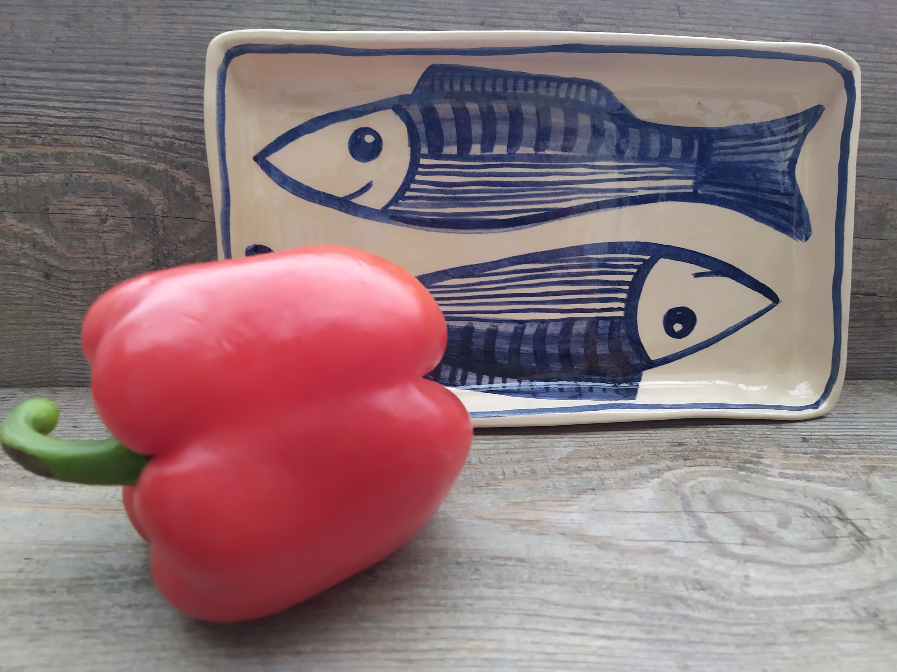 Square Hand Painted Ceramic Blue Twin Fish Serving Plate. Handmade ...