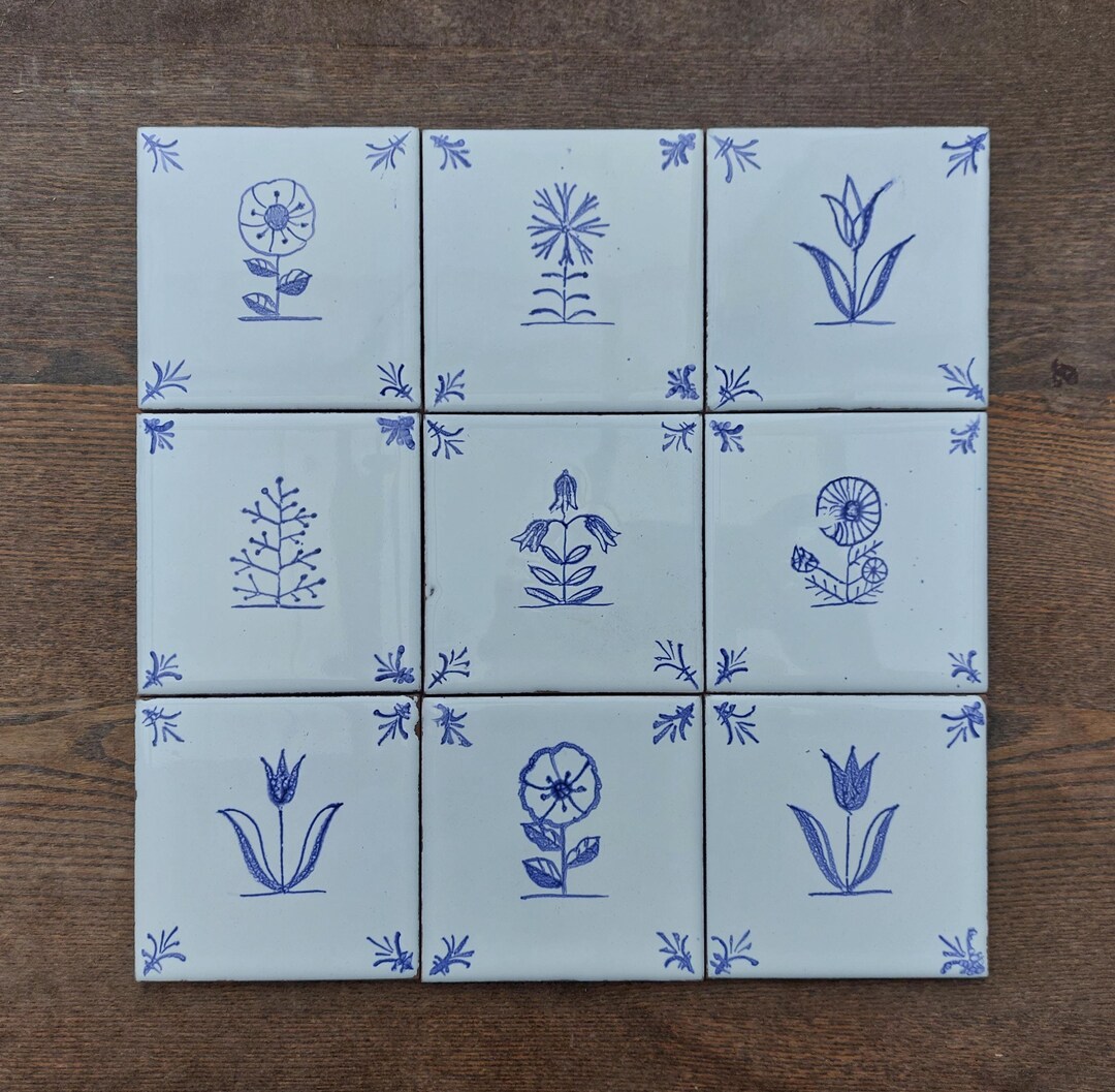 9 Hand Painted Delft Style Ceramic Wild Flower Tiles With Small Defects ...
