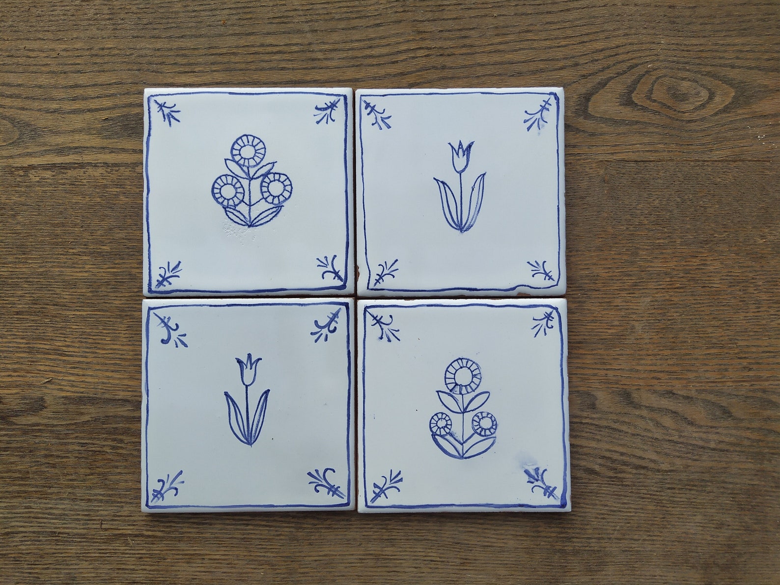 Delft Style Ceramic Tiles. Set of 4. Flower Tiles, Flower Coaster, Blue ...