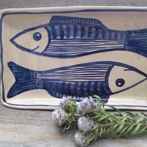 Square Hand Painted Ceramic Blue Twin Fish Serving Plate. Handmade ...