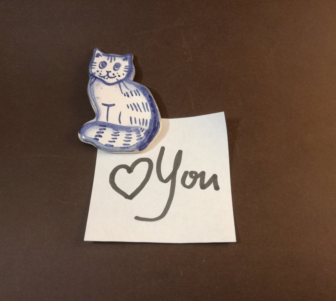 Handmade Pottery Hand Painted Delft Blue Cat Magnet, Housewarming Cat ...