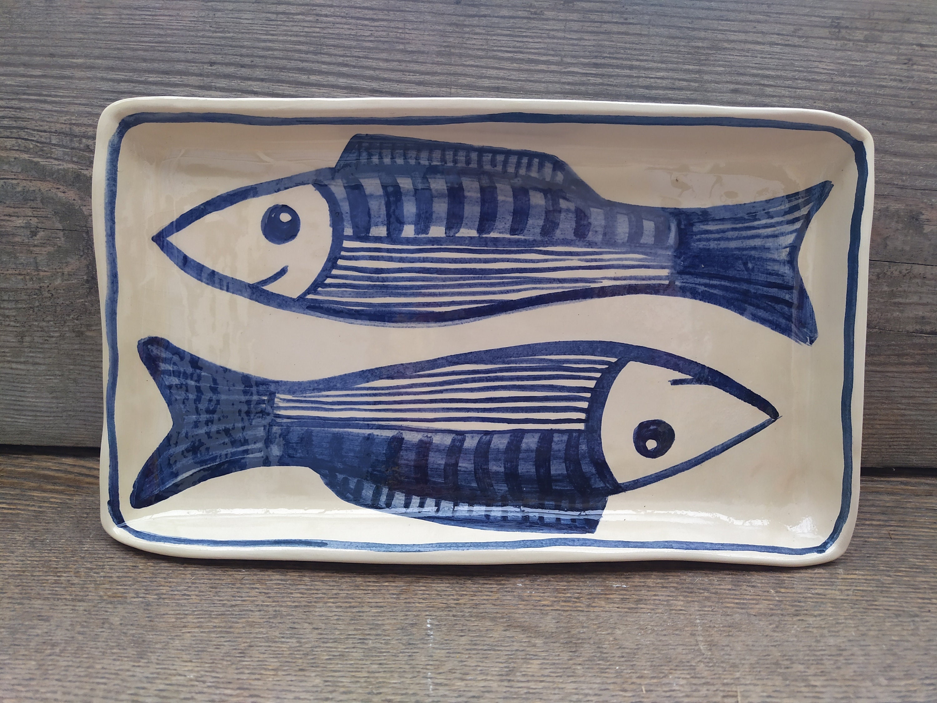Square Hand Painted Ceramic Blue Twin Fish Serving Plate. Handmade ...