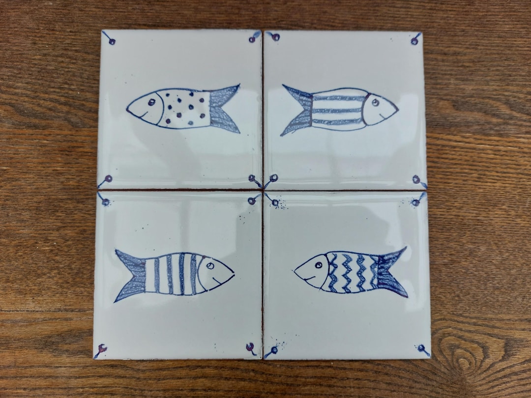 Hand-painted 4 Delft Blue Fish Tile Set, Coastal Kitchen Wall Art ...