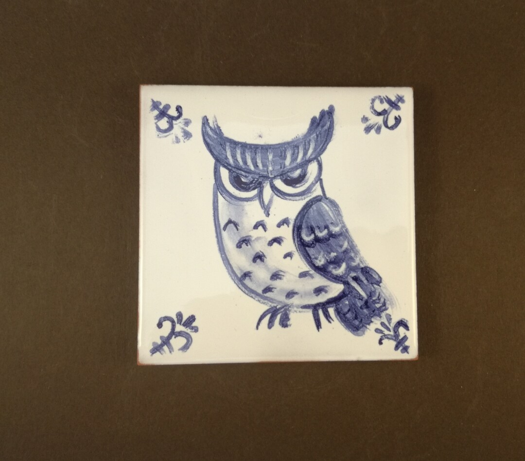 Delft Blue Hand Painted Ceramic Tile Coaster Grumpy Owl. Tile Coaster ...
