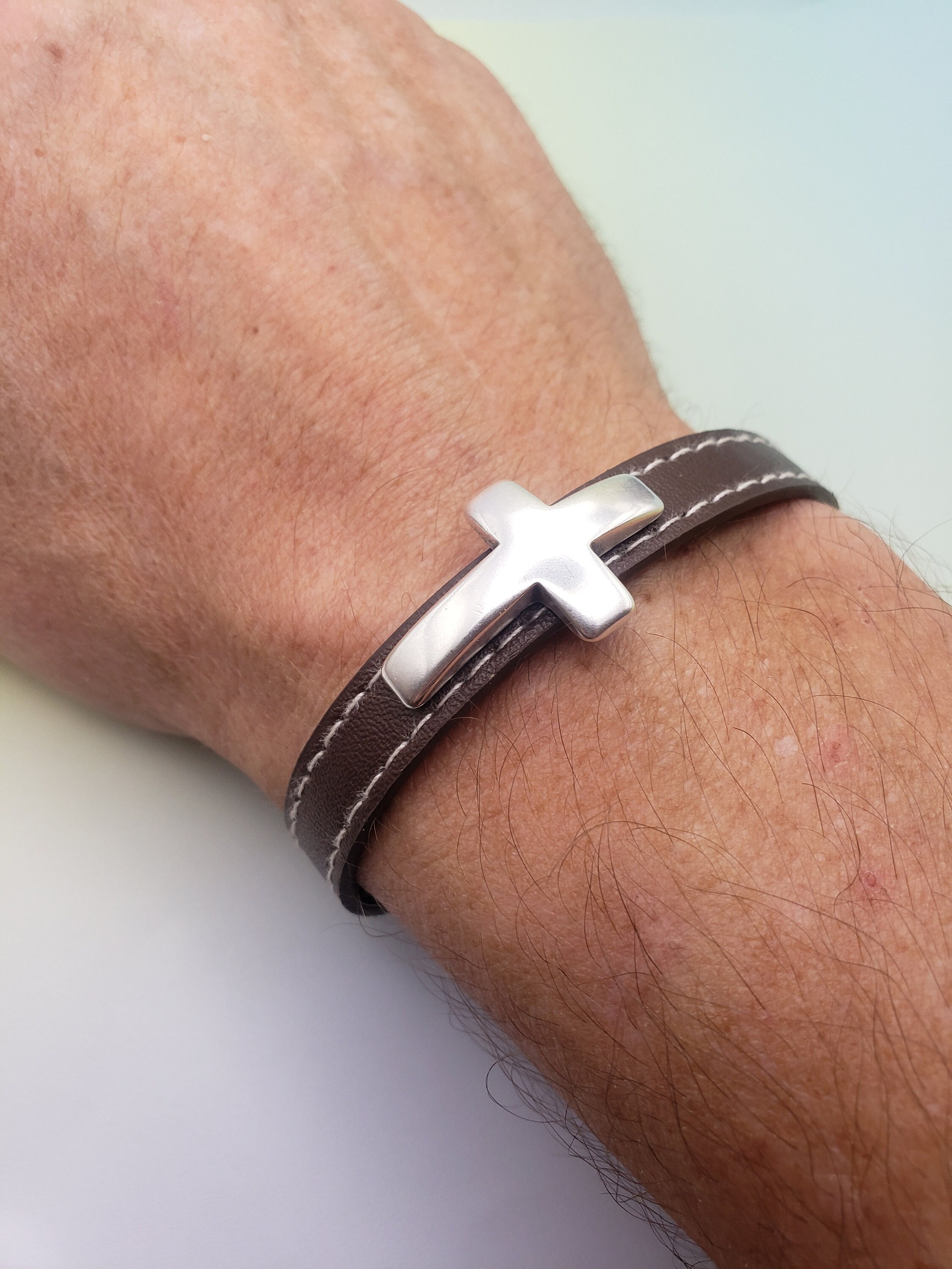 Men's Leather Cross Bracelet, Silver Cross Jewelry, Brown Leather ...