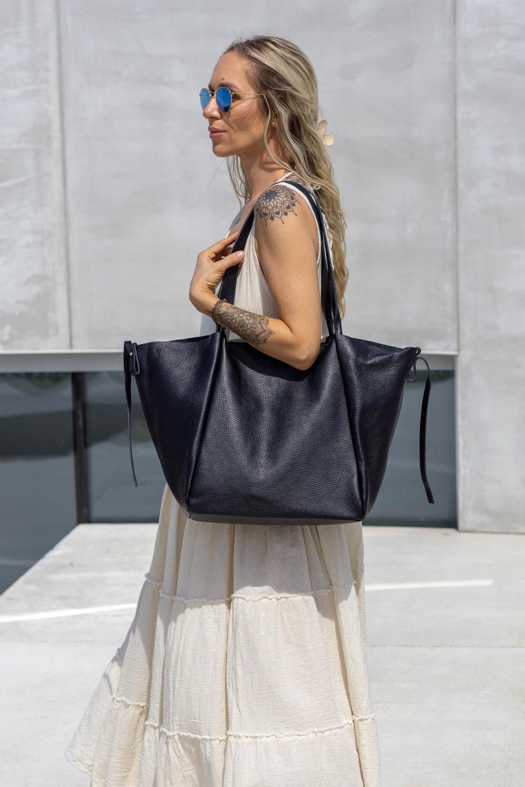 Genuine Leather Large Shopper Bag Black, Soft Leather Hobo Shoulder Bag ...