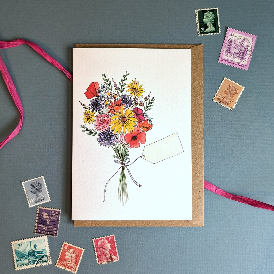 Personalised Flower Bouquet Greetings Card Wild Flower Illustration ...