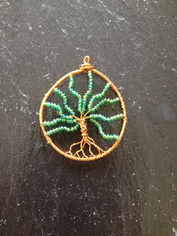 Green Beaded Tree of Life Wire Wrapped Pendant | Etsy