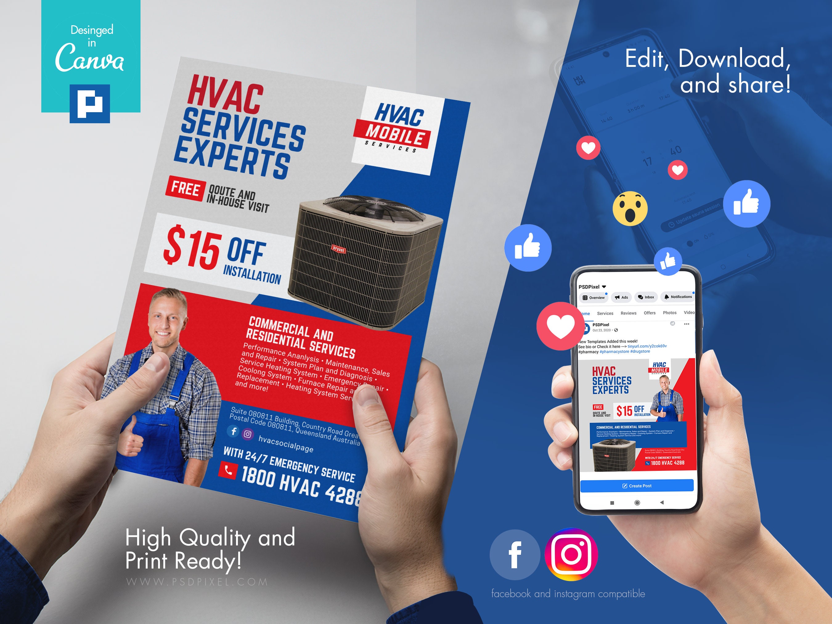 Heating and Cooling Services Flyer and Social Media Combo Promotional ...