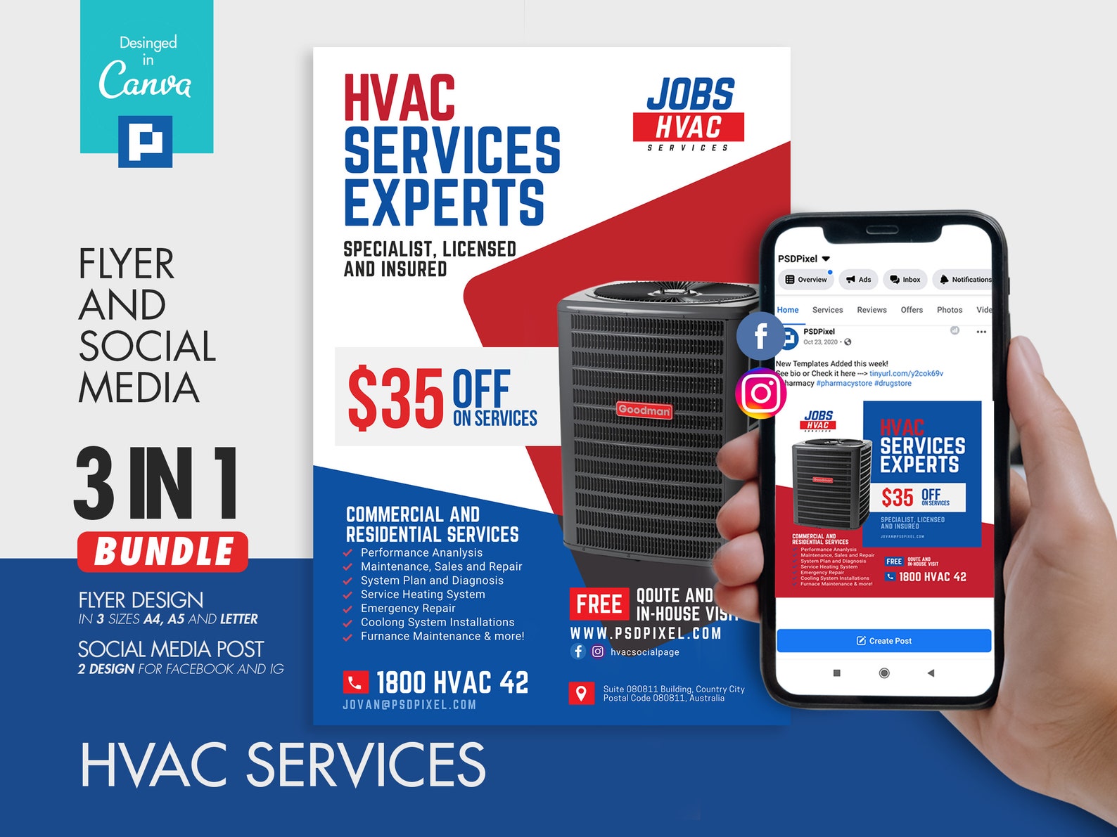 Heating and Cooling Service Flyer and Social Media Combo Promotional ...