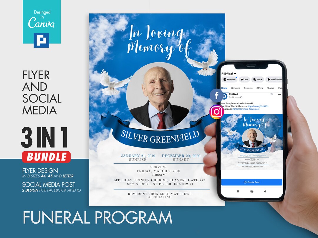 Funeral Program Flyer and Social Media Combo Promotional Canva Template ...