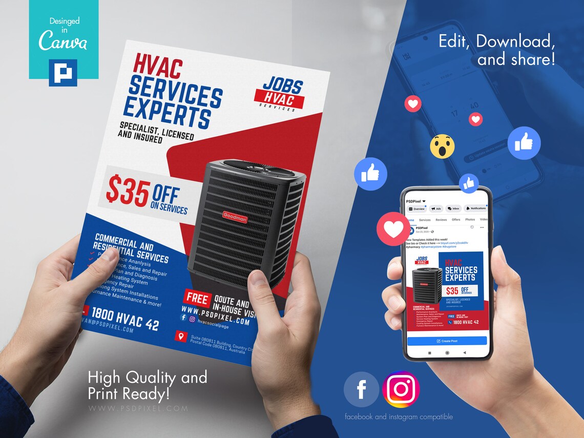 Heating and Cooling Service Flyer and Social Media Combo Promotional ...
