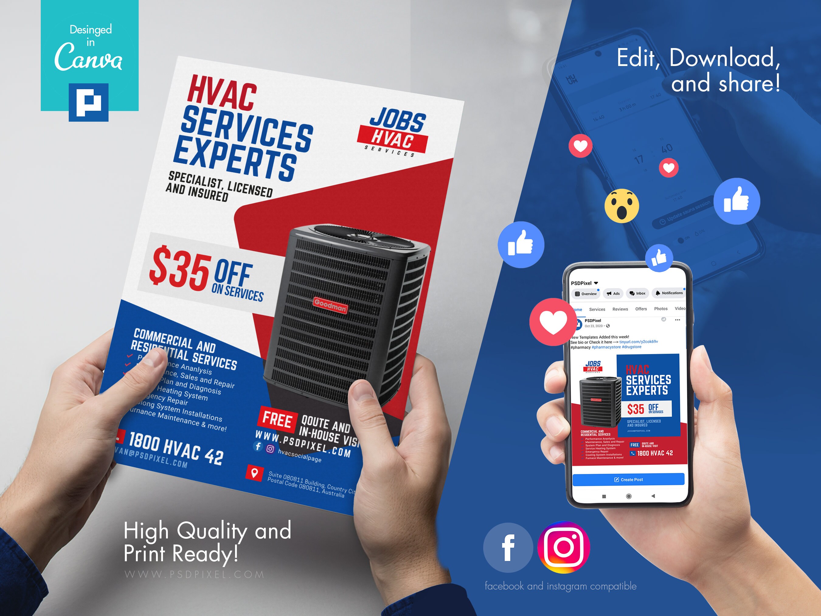 Heating and Cooling Service Flyer and Social Media Combo Promotional ...