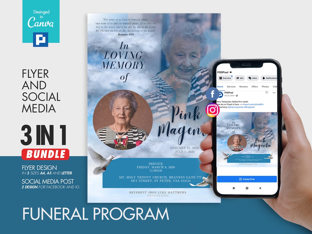 Memorial Service Program Flyer and Social Media Combo Promotional Canva ...