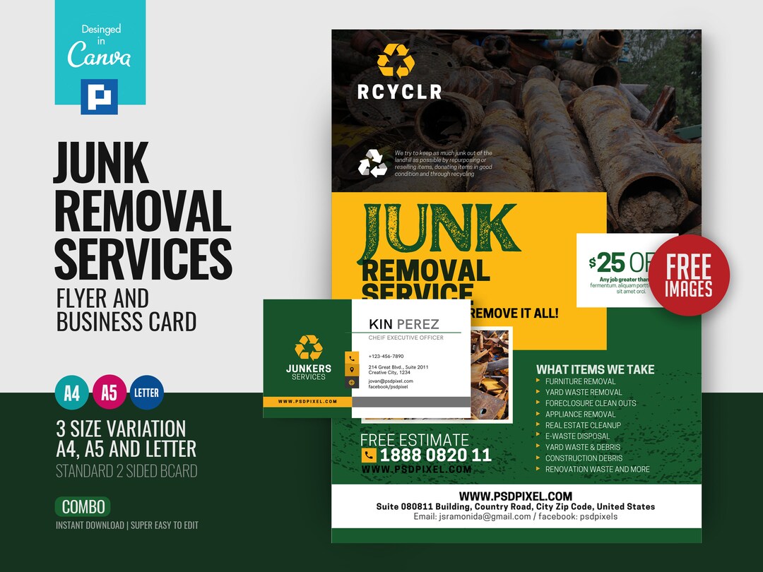 Junk and Trash Removal Service Flyer and Business Card DIY Template in ...
