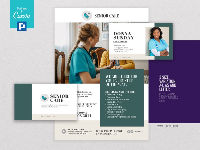 Senior Care Program Flyer and Business Card DIY Flyer Template in Canva ...