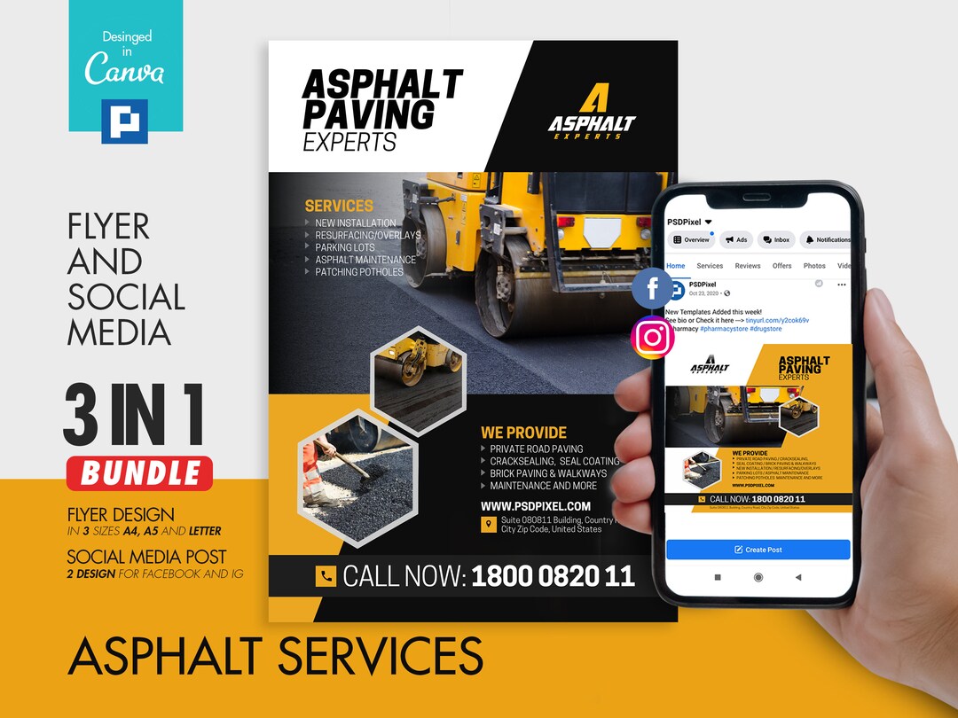 Paving Company Flyer and Social Media Combo Promotional Canva Template ...