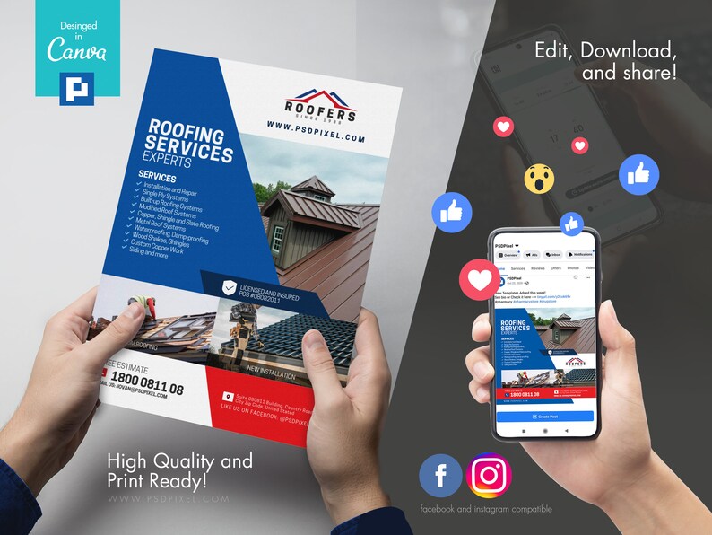 Roofing Contractor Flyer and Social Media Combo Promotional Canva ...