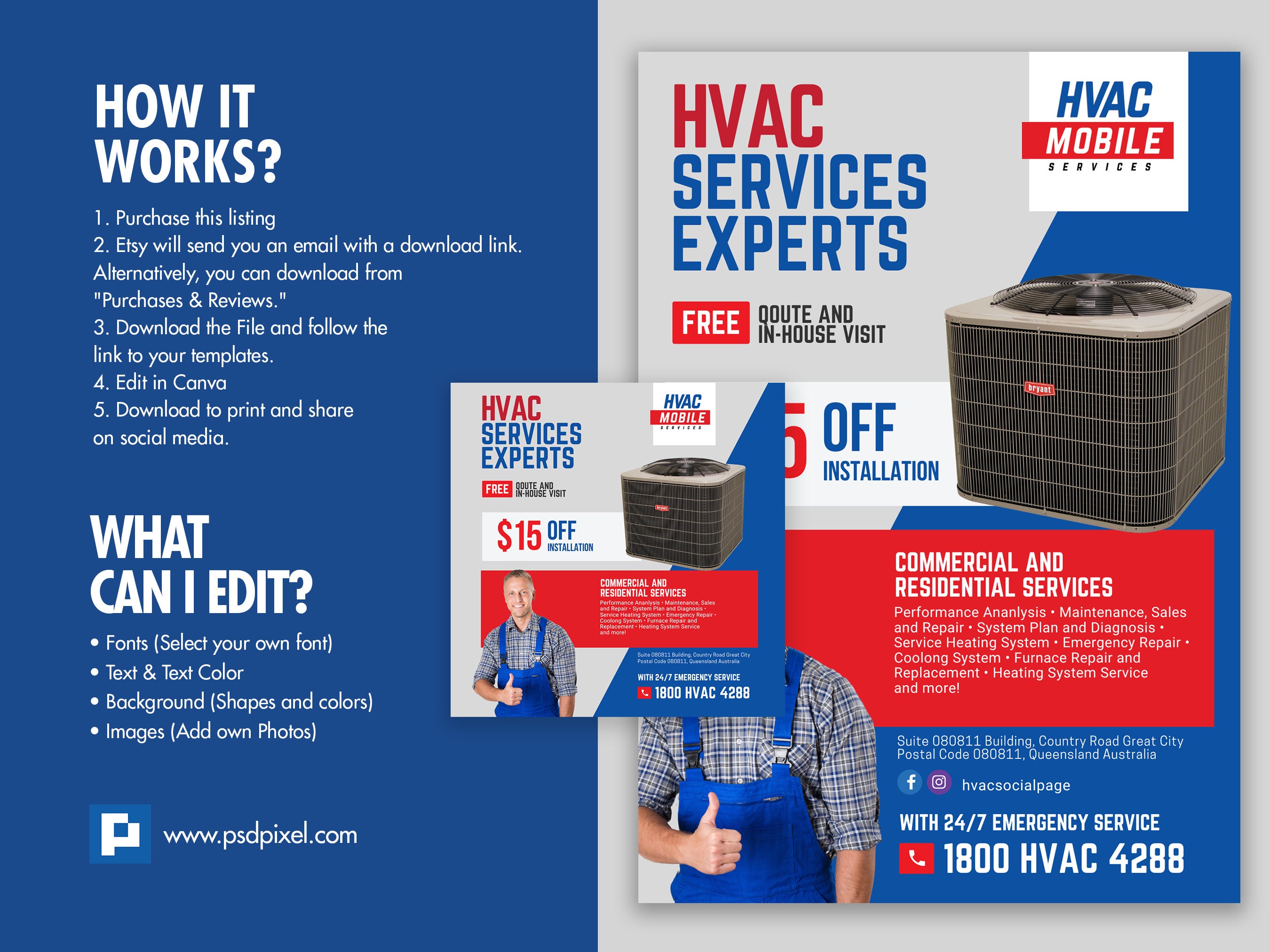 Heating and Cooling Services Flyer and Social Media Combo Promotional ...