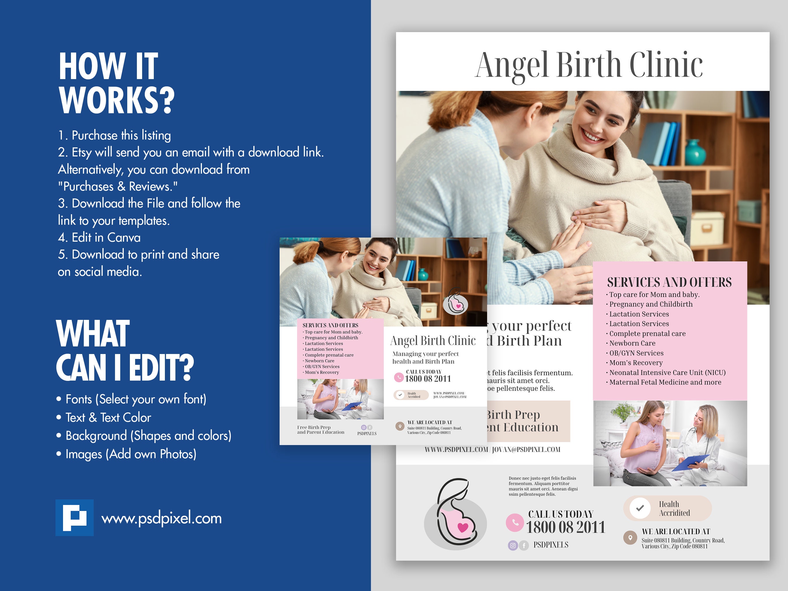 Birthing Center Services Flyer and Social Media Combo Promotional Canva ...