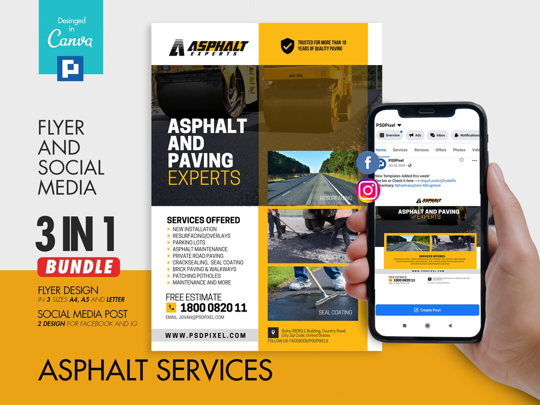 Paving Contractor Flyer and Social Media Combo Promotional Canva ...