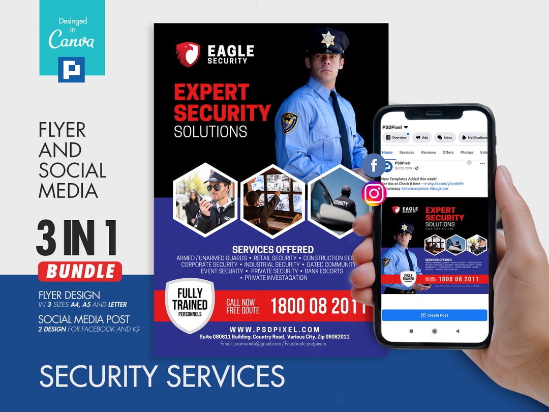 Security Services Ads Flyer and Social Media Combo Promotional Canva ...
