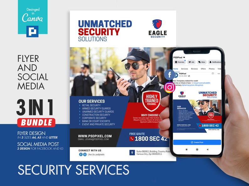 Security Company Flyer and Social Media Combo Promotional Canva ...