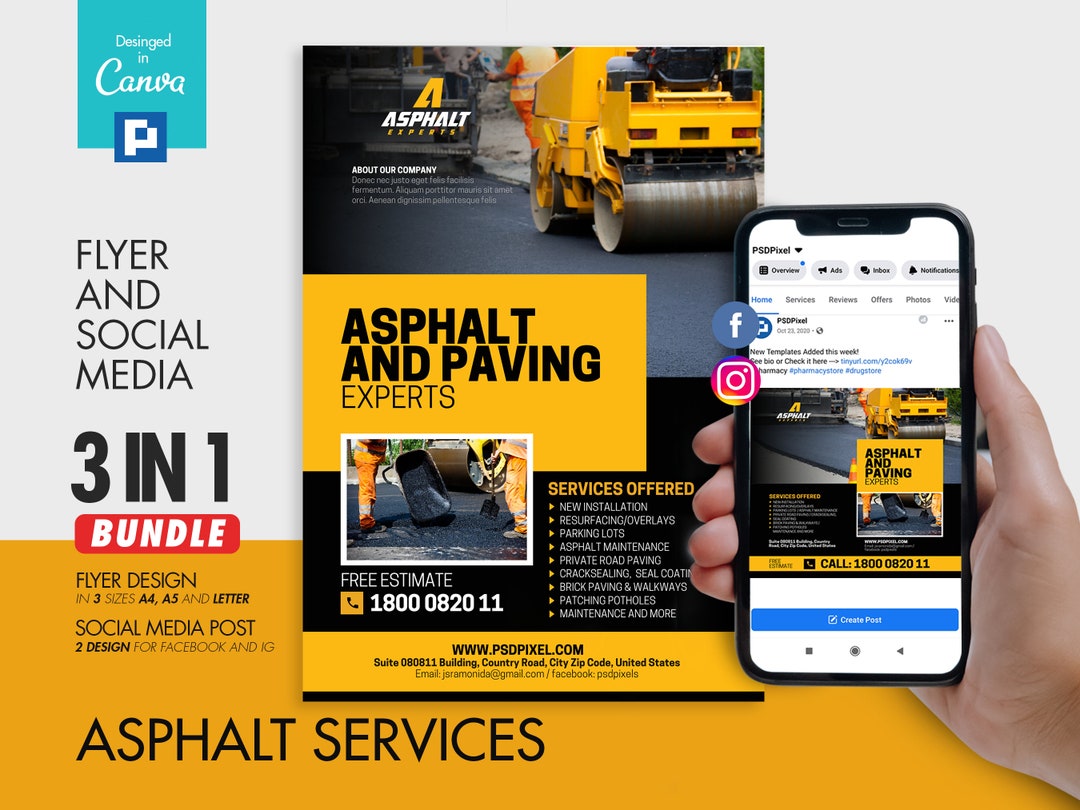 Paving Services Flyer and Social Media Combo Promotional Canva Template ...