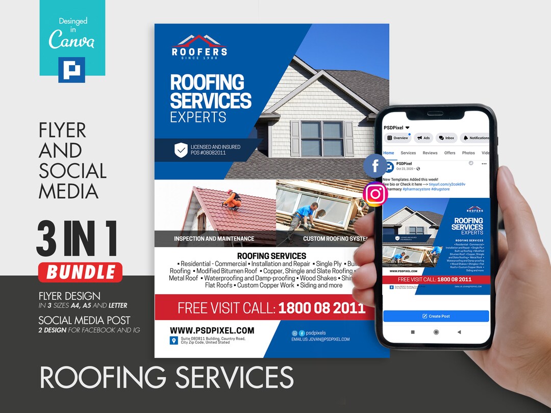 Roofing Installers Flyer and Social Media Combo Promotional Canva ...